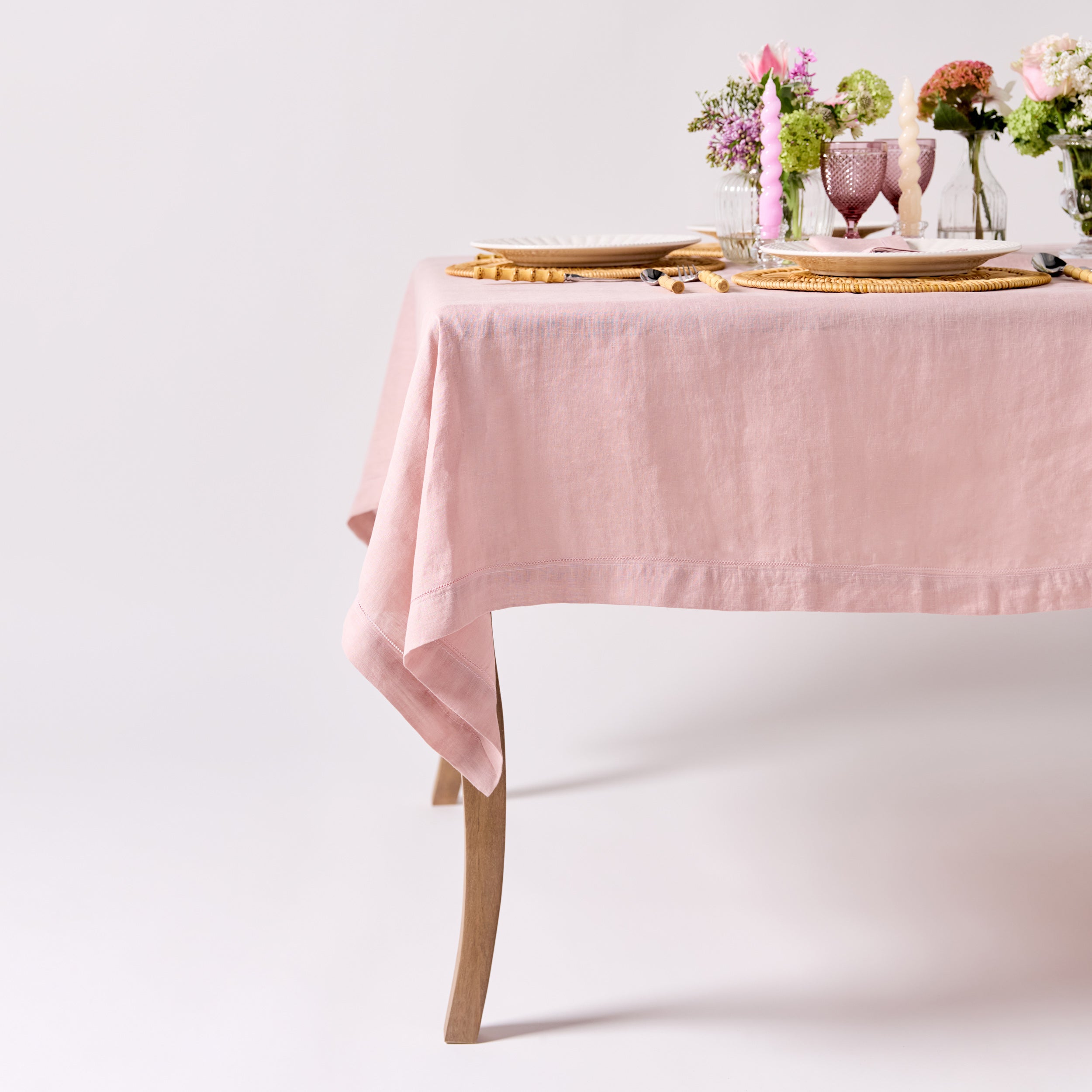 Linen Tablecloth with Hemstitched Edge - Dusty Pink - 6 person table s ...